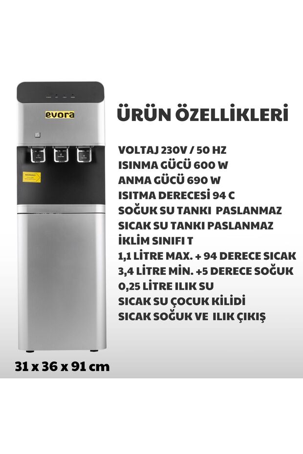 Evora Özel Seri Ev Tipi Ofis Tipi Sıcak Soğuk Arıtmalı Su Sebili Gri ...