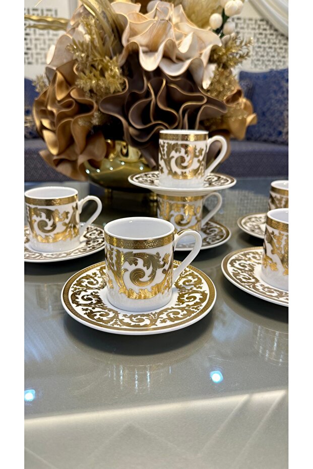 Turkuaz kristal WİNTERBACH Marka Porselen 6 Kişilik Gold Kabartmalı ...
