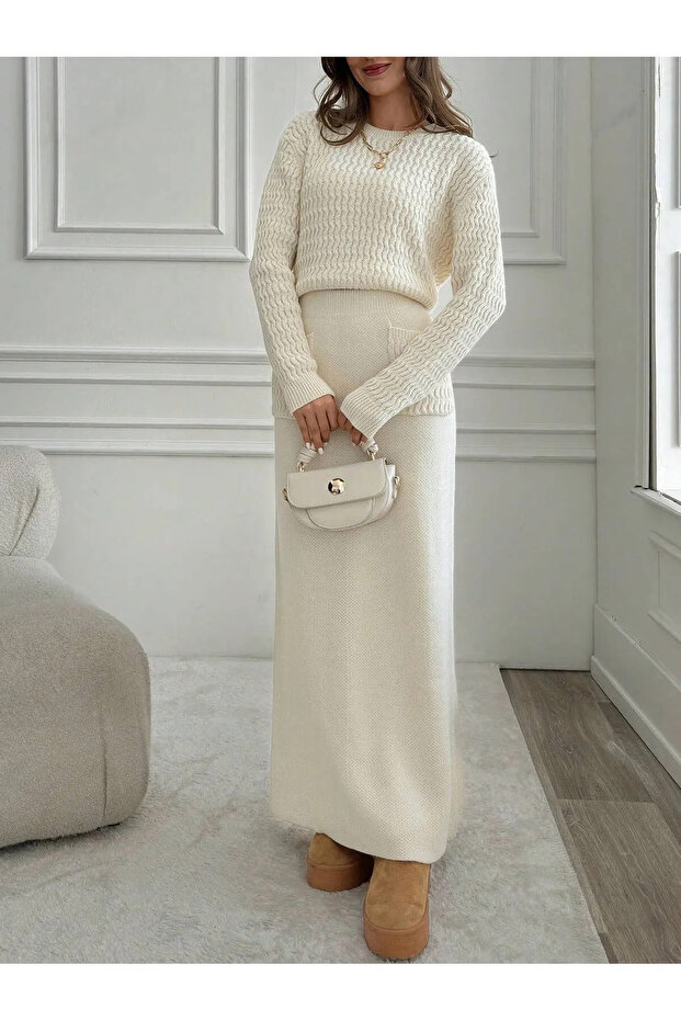 Puella Women's Floor-Length Cream Hair Braided Sweater Knitwear Set ...