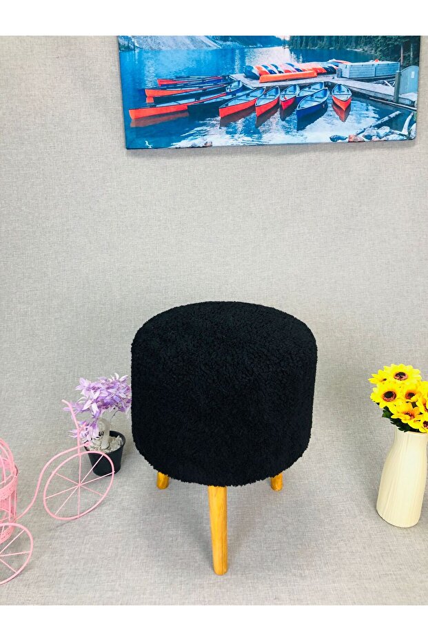 BEYLERBEYİ Coco Puf, Peluş,3 Ayak, SİYAH,oturma Odası, Makyaj Masası ...