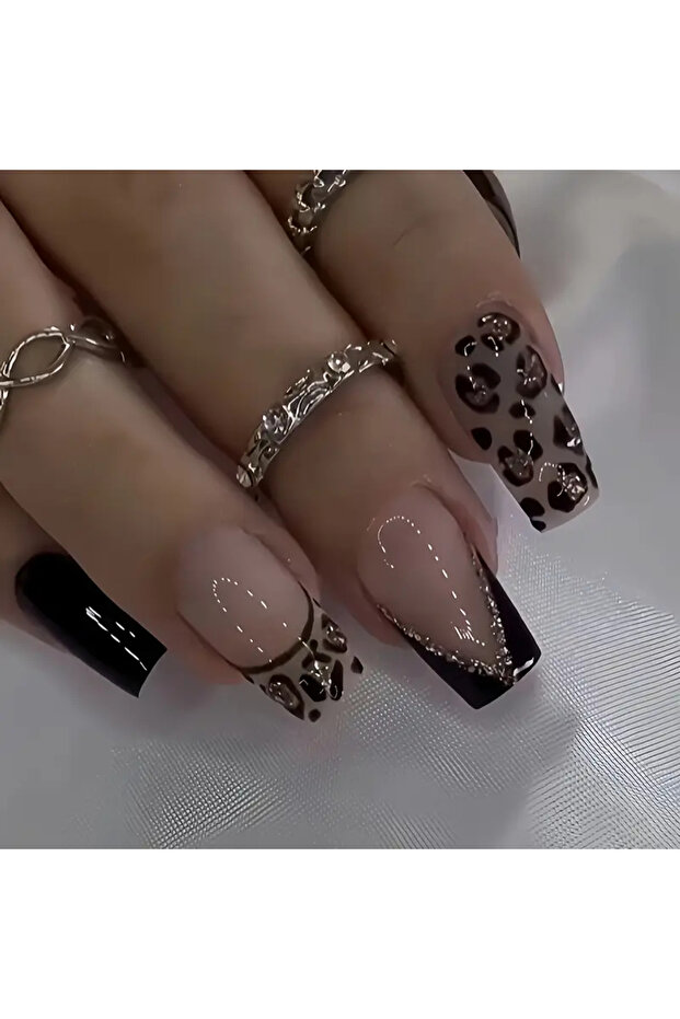 NAİL ART 24 Adet Leopar Desenli Siyah French Takma Tırnak Seti - Fiyatı ...