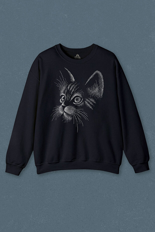 so cool Navy Blue Sweatshirt Cat Silhouette Black Cat Drawing Printed ...