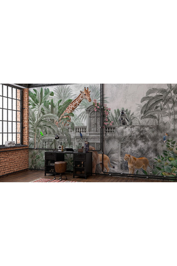 Home Hayvanat bahçesinde zürafa arslan maymun poster duvar kağıdı ...