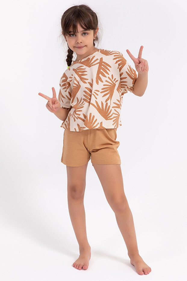 Arnetta Leaf Patterned Camel Girl's Shorts Set- Trendyol