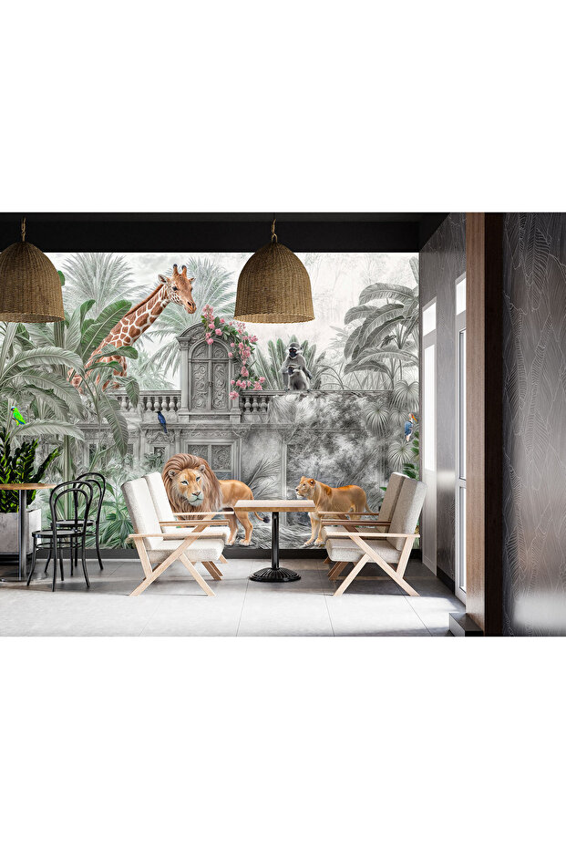 Home Hayvanat bahçesinde zürafa arslan maymun poster duvar kağıdı ...