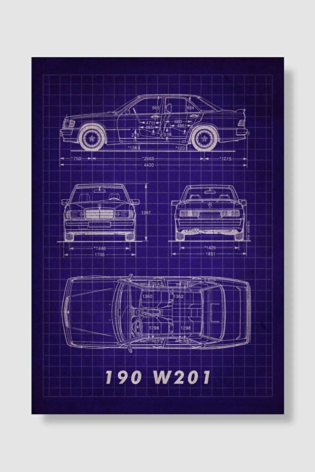 Mudi Store Mercedes 190 W201 Blueprint Araba Poster Çerçevesiz Yüksek ...