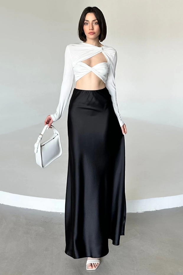 Maude Women's Black Flush Viscose Satin Belt Elastic Zippered Maxi ...