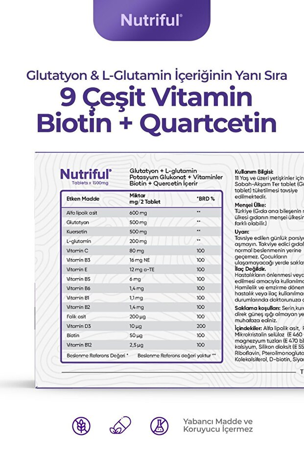 Nutriful Glutawell Glutatyon Ve L-glutamin Içeren 30 Tablet - Fiyatı ...