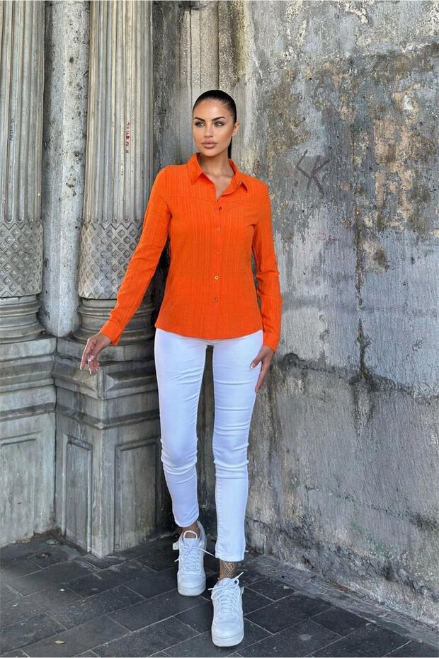 Juuuj Turuncu Uzun Kol, Çizgili Desen, Maya Gömlek - Fiyatı, Yorumları