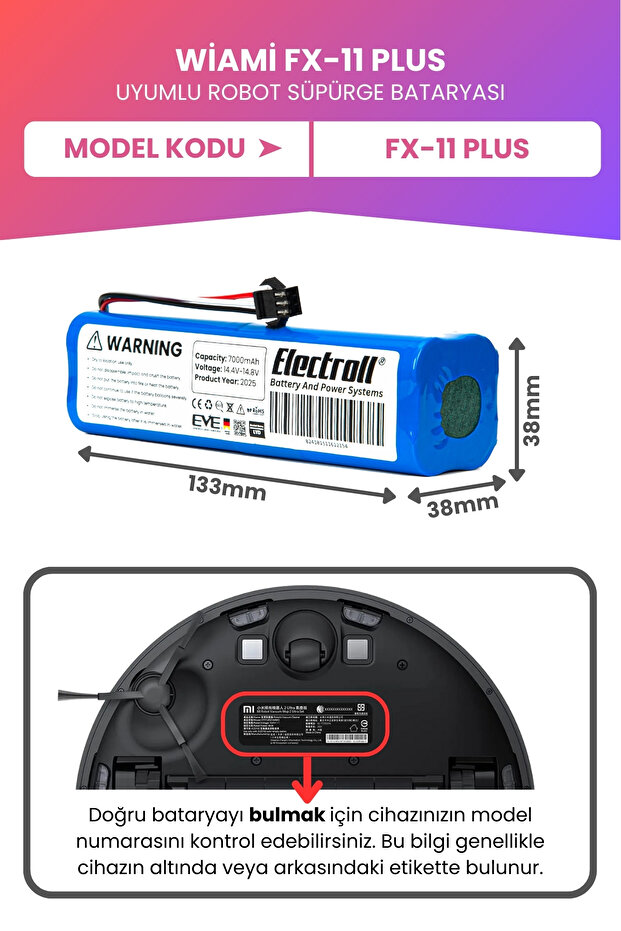 ELECTROLL Wiami Fx-11 Plus Uyumlu Batarya (MAKSİMUM KAPASİTE) 7000mah Pil Robot Süpürge ...