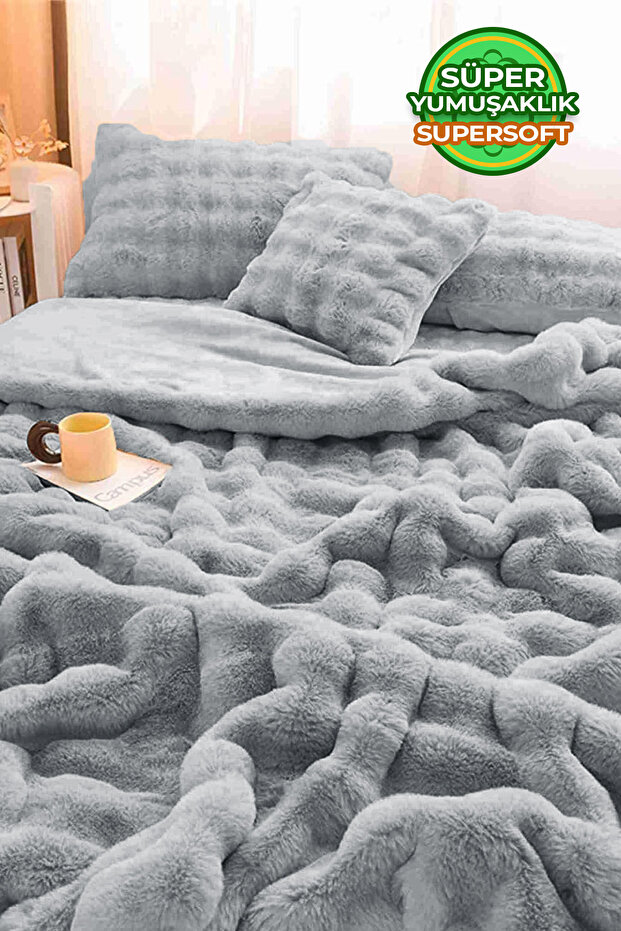 Evlen Home Collection Kürk Yatak Örtüsü Çift Kişilik Dolgulu Peluş ...