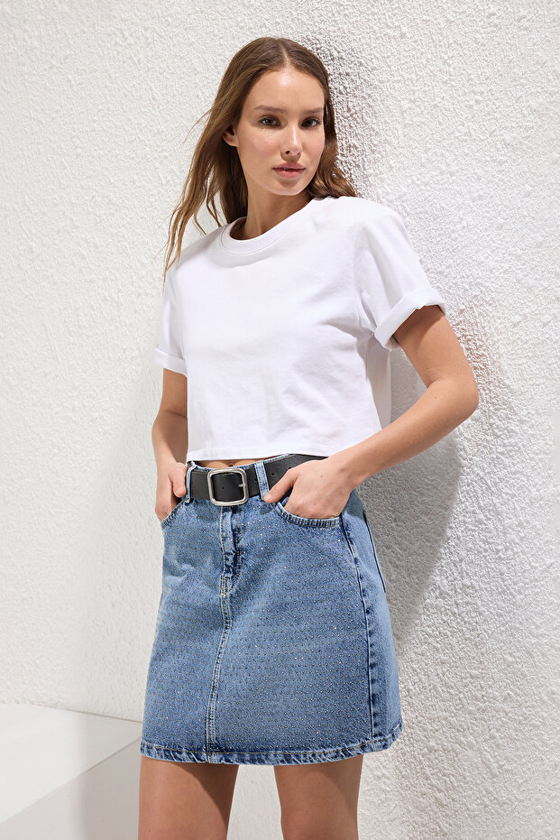 Trendyolmilla Mavi Taşlı Mini Denim Etek TWOSS25ET00058 Fiyatı ...