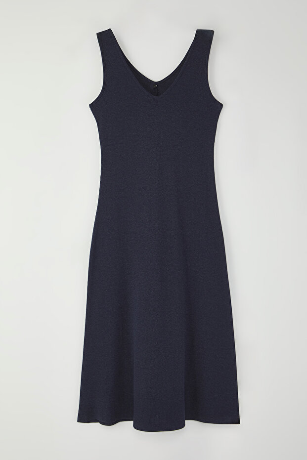 Trendyolmilla Indigo Shift/Düz Havuz Yaka Midi Triko Görünümlü Esnek ...