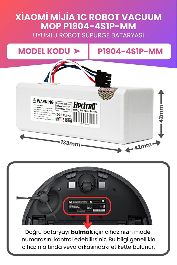 ELECTROLL Xiaomi Mijia 1C Robot Vacuum Mop P1904-4S1P-MM Batarya ...
