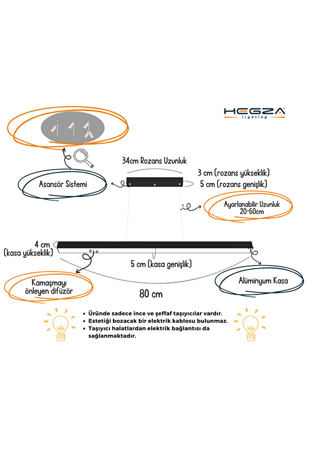 Hegza Lighting Lineer 80cm ( Gri Kasa, Doğal Beyaz Işık ) Sarkıt Modern Led Avize, Salon, Mutfak ...