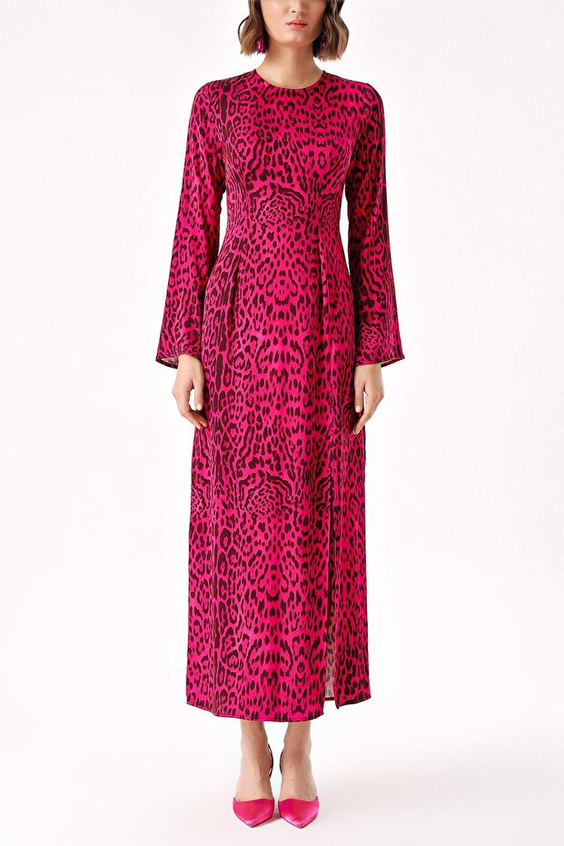 SOCIETA Leopard-Mor Uzun vücuda oturan yırtmaç detaylı elbise 94379 ...