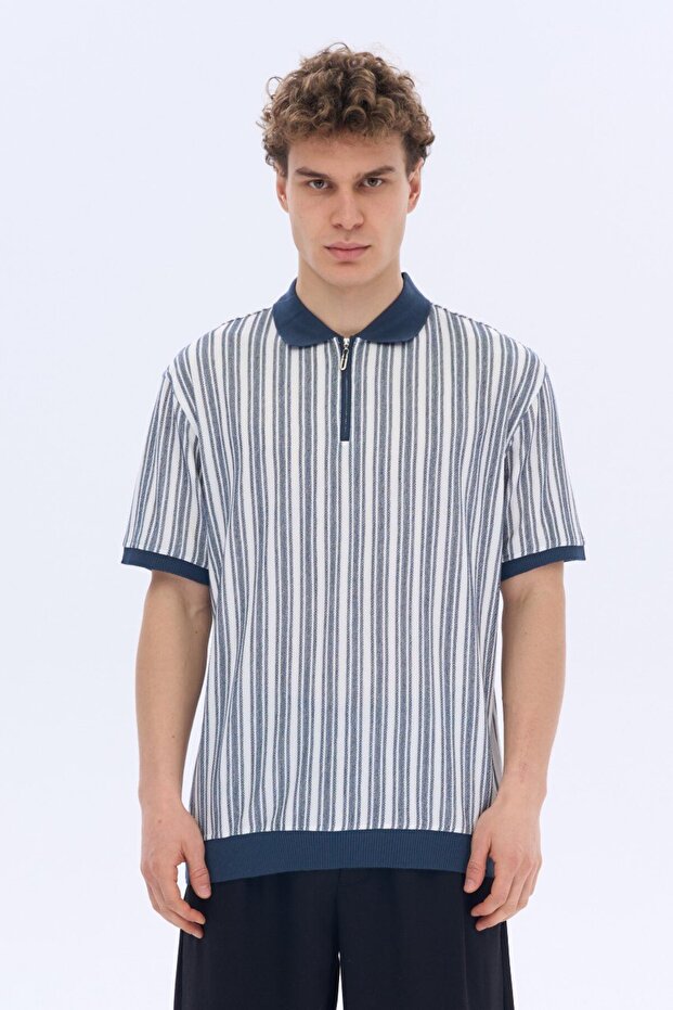 İLKCET MODA Premium Mavi Fermuar Yaka Çizgili Oversize Tshirt - Fiyatı ...