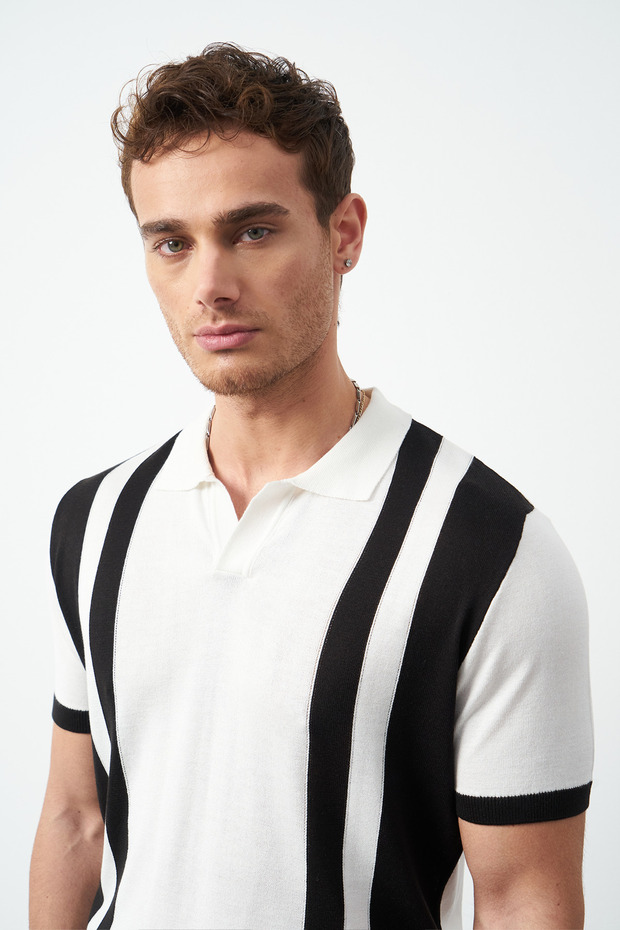 Mesfeno Striped Oversize Polo Neck Knitwear Men's T-Shirt- Trendyol