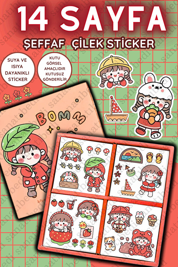 sanatıbedi 14 Sayfa Şeffaf Çilek Sevimli Suya Dayanıklı Sticker Seti ...