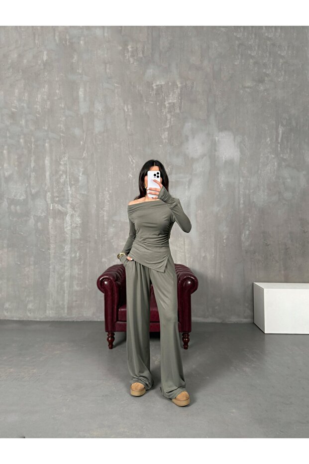 manana fashion Modal Fabric Draped Asymmetrical Cut Blouse Pants Khaki ...