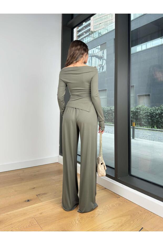 manana fashion Modal Fabric Draped Asymmetrical Cut Blouse Pants Khaki ...