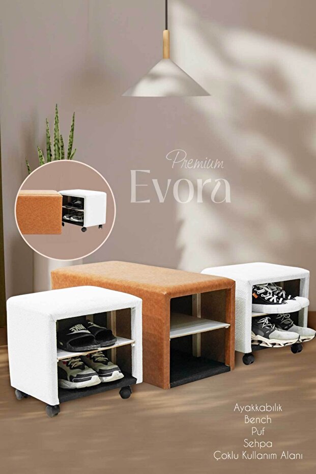 Zem Evora Puf/bench Seti Ayakkabılık, Kırık Beyaz/taba Deri - Fiyatı, Yorumları