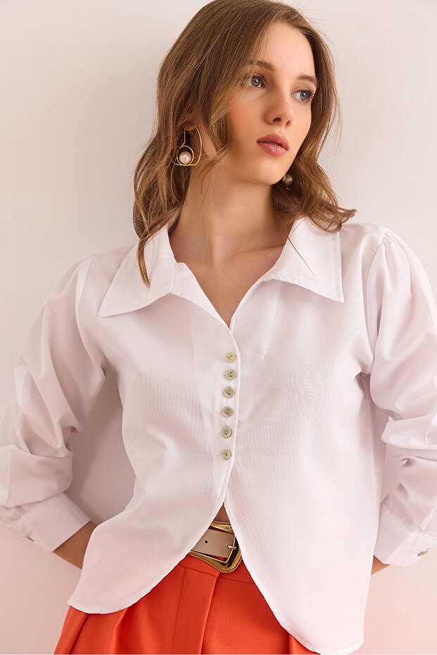 Olalook Kadın Beyaz Düğme Detaylı Altı Oval Crop Gömlek GML-19001315 ...