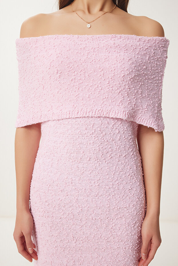 Happiness İstanbul Γυναικείο Καλοκαιρινό Πλεκτό Φόρεμα με ροζ γιακά ...