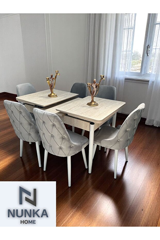 NUNKA HOME Kelebek Traverten Masa Takımı + 6 lı Açık Gri Baby Face ...