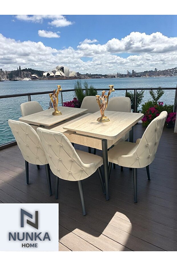 NUNKA HOME Kelebek Traverten Masa Takımı + 6'Lı Krem Baby Face Sandalye ...