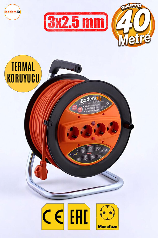 Badem10 Makaralı Cca Uzatma Kablosu 3x2.5 Mm 40 Metre Termal Sigortalı Plastik Seyyar 4 Prizli ...