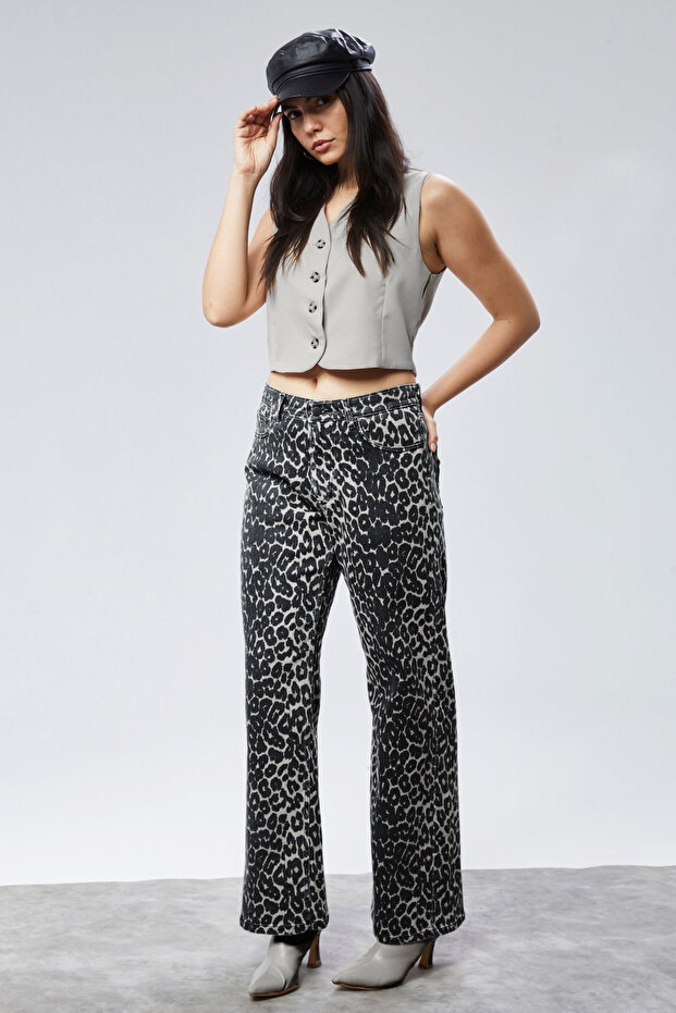 CEDY DENIM Висококачествени дамски дънки с леопардов шарен сив памук ...