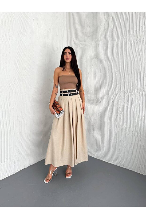 Castivo Fashion Double Kemer Detaylı Yüksek Bel Yırtmaçlı Maxi Pile ...