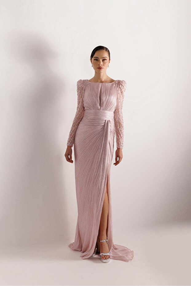 Kenzel Sleeveless Lace Stone Plisseed Evening Dress- Trendyol