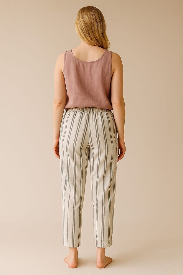 enmodaiçgiyim Ekru Çizgili %100 Pamuk Müslin Kumaş Dar Paça Kadın ...