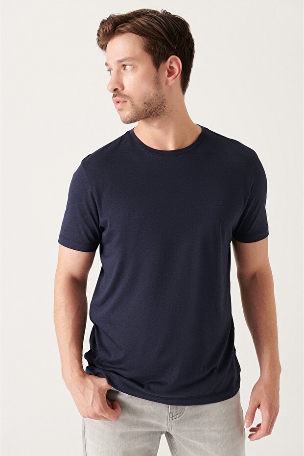 Avva Men's Navy Blue Ultrasoft Crew Neck Cotton Basic T-Shirt E 001171 ...