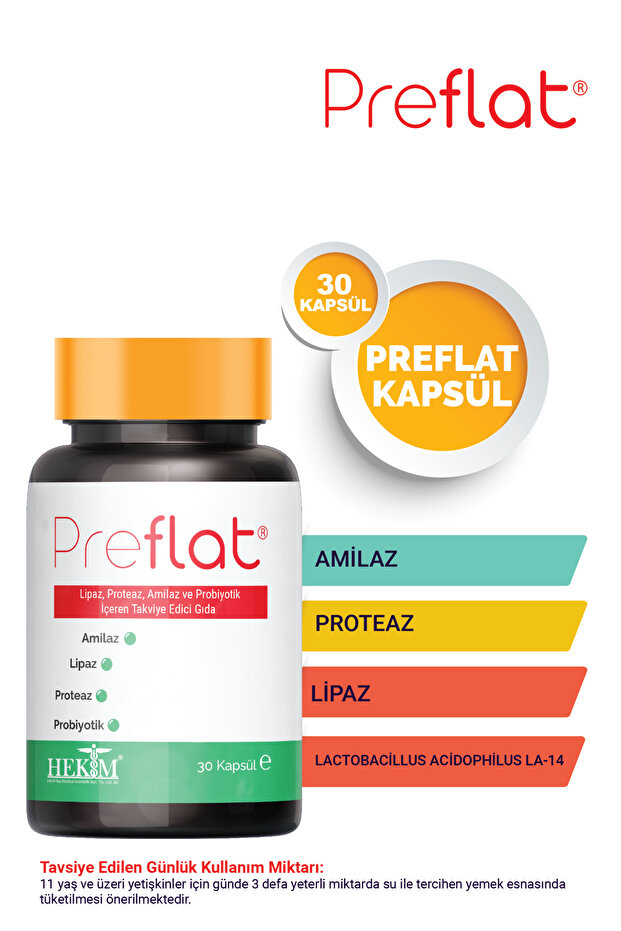 Preflat 30 Kapsül - Lipaz, Proteaz, Amilaz Ve Probiyotik Içeren Takviye ...