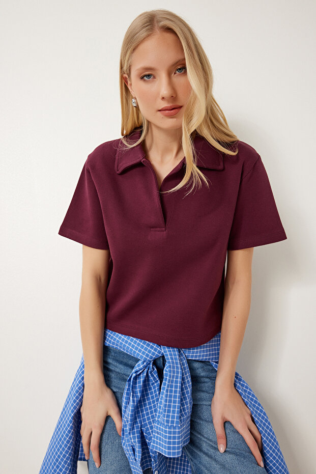 Happiness İstanbul Kadın Bordo Polo Yaka Pike Örme T-Shirt DP00254 ...