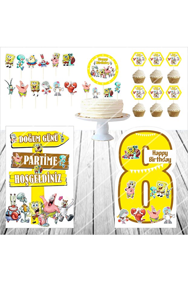 SİYAH PARTİ EVİ 8 Yaş Sünger Bob Doğum Günü Pasta Süsü Ayaklı Pano Seti ...