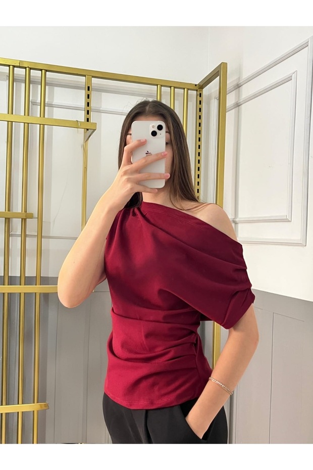 peri tower Drape/Büzgü Detaylı Dökümlü Asimetrik Yaka Örme Krep Kumaş ...