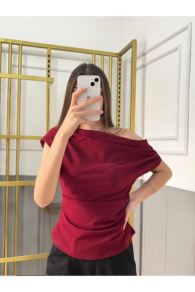 peri tower Drape/Büzgü Detaylı Dökümlü Asimetrik Yaka Örme Krep Kumaş ...