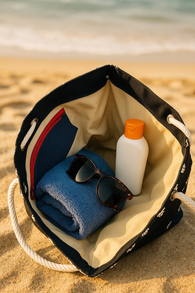 MUCCE Kadın Siyah Çizgili Plaj Çantası Büyük Boy Fermuarlı 52×38cm ...