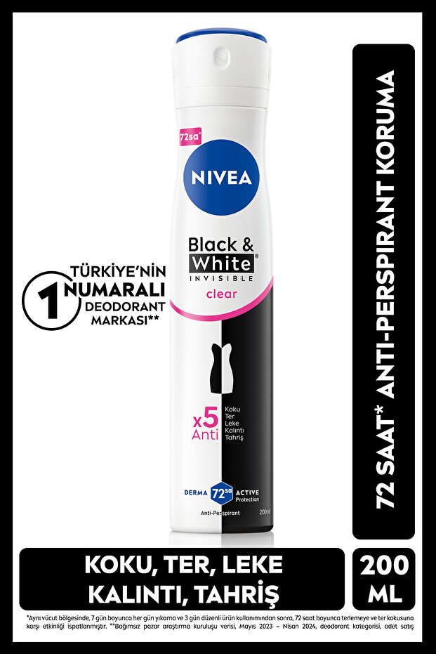 NIVEA Kadın Sprey Deodorant Black&White Invisible Clear 200ml, 72 Saat Anti-Perspirant,Avantajlı ...