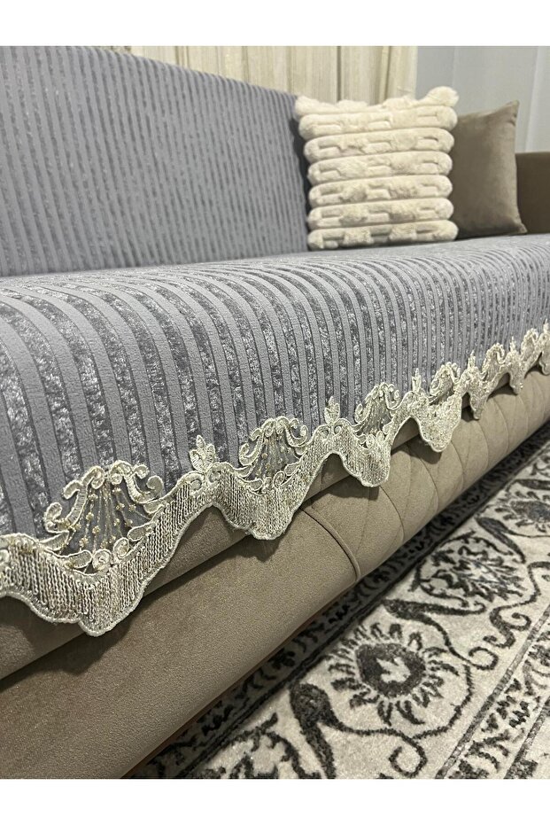 DECORA CASA HOME COLLECTİON Lacy Striped Sponge Velvet Non-Slip Sofa ...