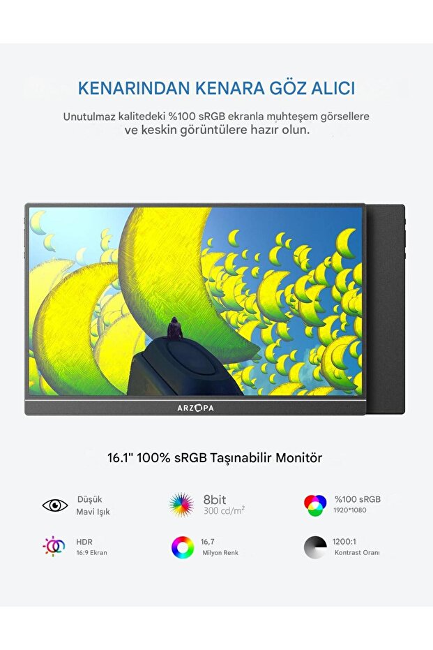 Arzopa Z1C 16.1" 60Hz 5Ms mHDMI+USB-C FullHD IPS Taşınabilir Monitör ...
