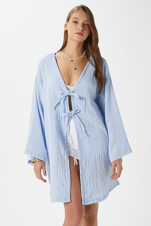 Ritnice Kadın Sandra %100 Pamuk Müslin Bağcıklı Mavi Kimono - Fiyatı ...