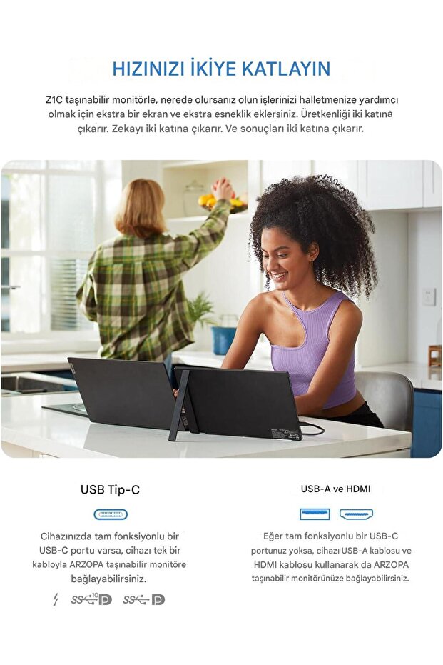 Arzopa Z1C 16.1" 60Hz 5Ms mHDMI+USB-C FullHD IPS Taşınabilir Monitör ...