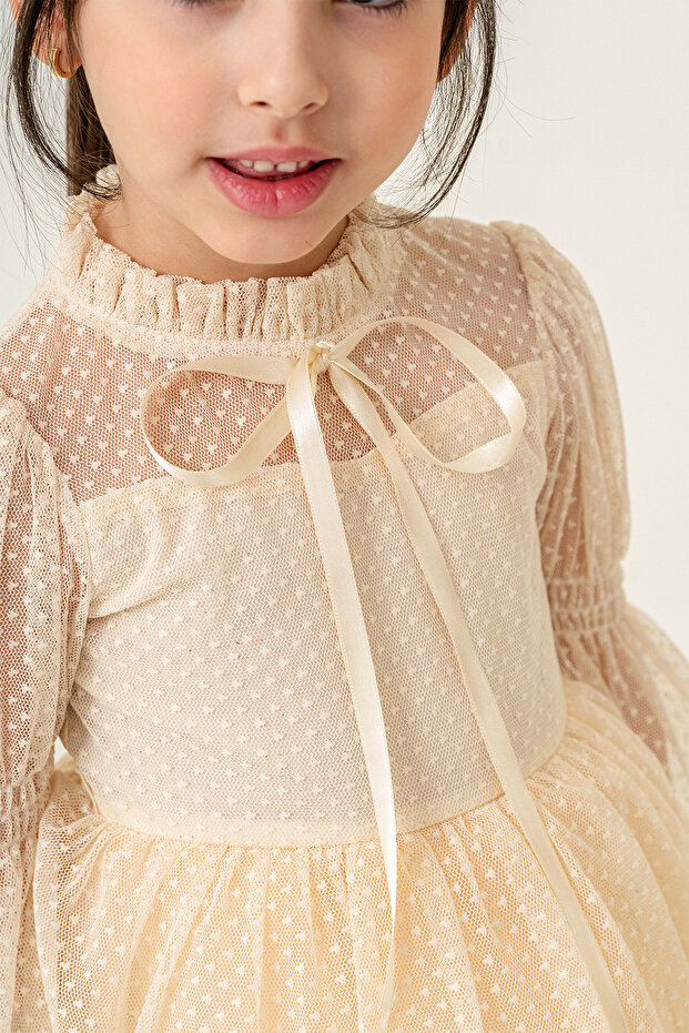 Eray Kids Kız Çocuk Abiye Elbise Puanlı Dantel Büzgülü Krem Arkası ...