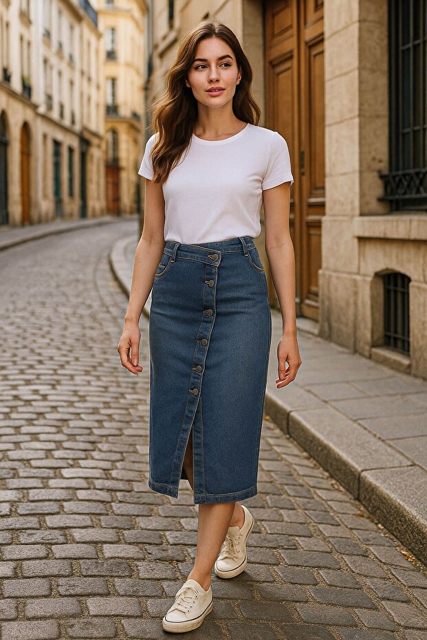 BANNY JEANS Önü Yan Düğmeli Midi Boy Likralı Lacivert Jean Etek - Fiyatı, Yorumları