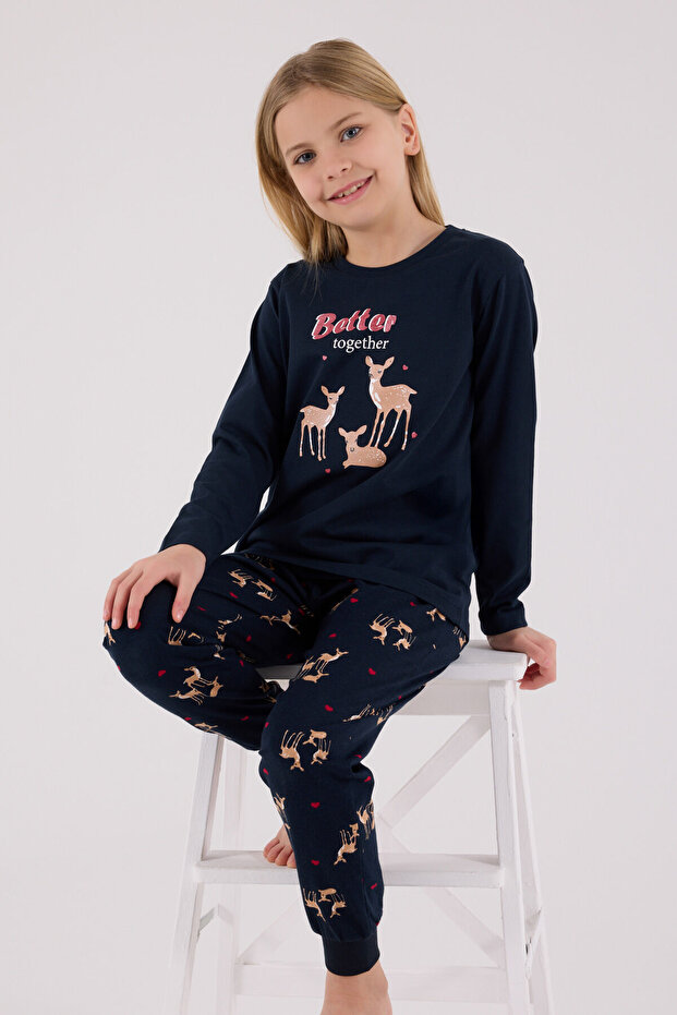 Arnetta Girl's Navy Blue Long Sleeve Pajama Set- Trendyol